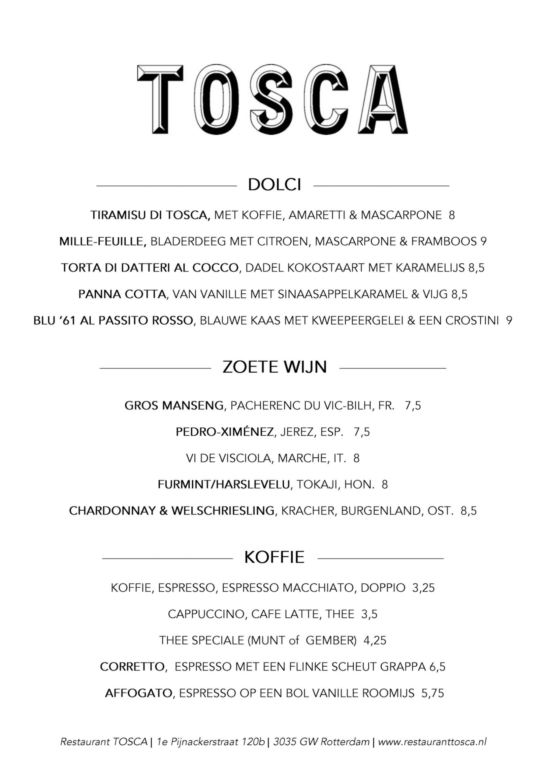 MENU – Restaurant Tosca