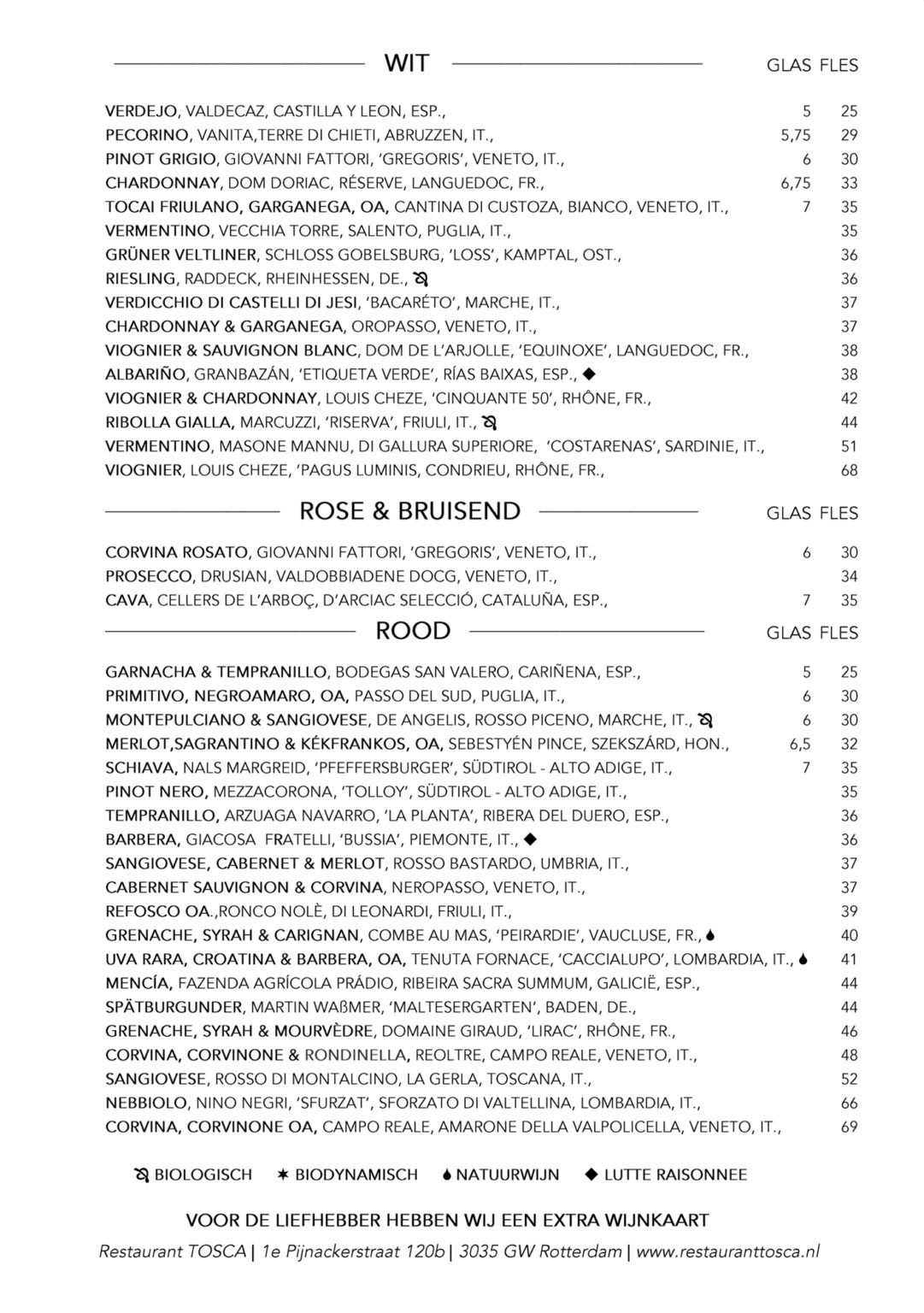 MENU – Restaurant Tosca