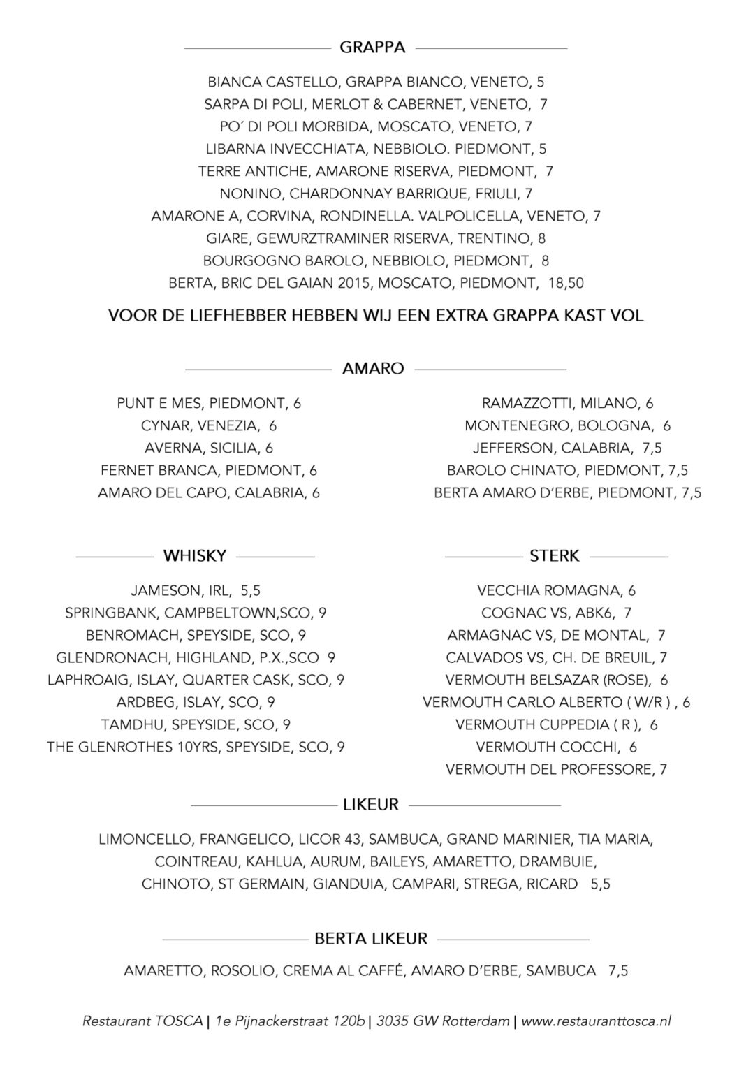 MENU – Restaurant Tosca
